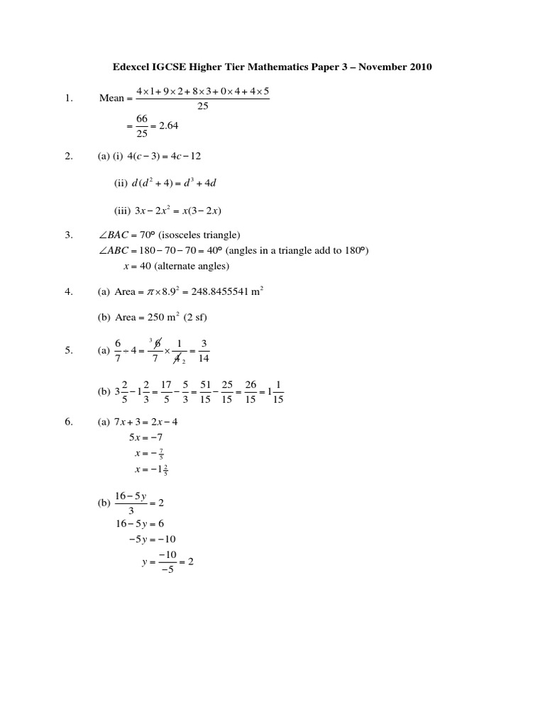 Edexcel IGCSE Higher Tier Mathematics 3H November 2010 | PDF ...