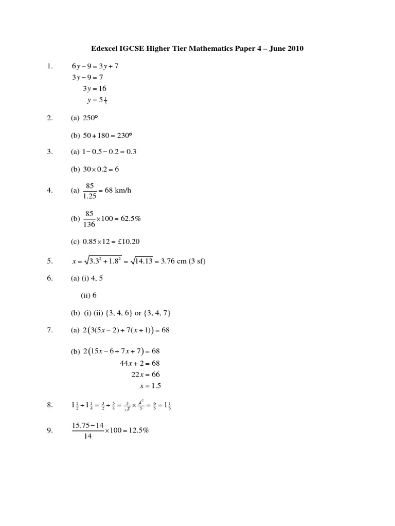 Edexcel IGCSE Higher Tier Mathematics 4H June 2010 | PDF