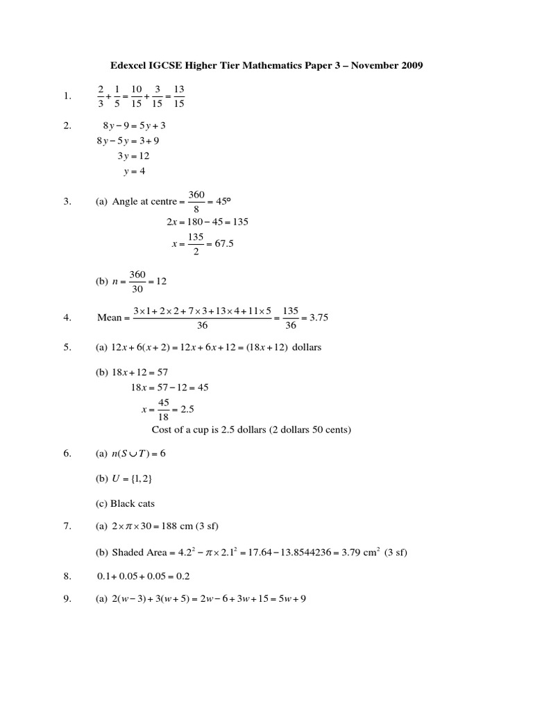 Edexcel IGCSE Higher Tier Mathematics 3H November 2009 | PDF