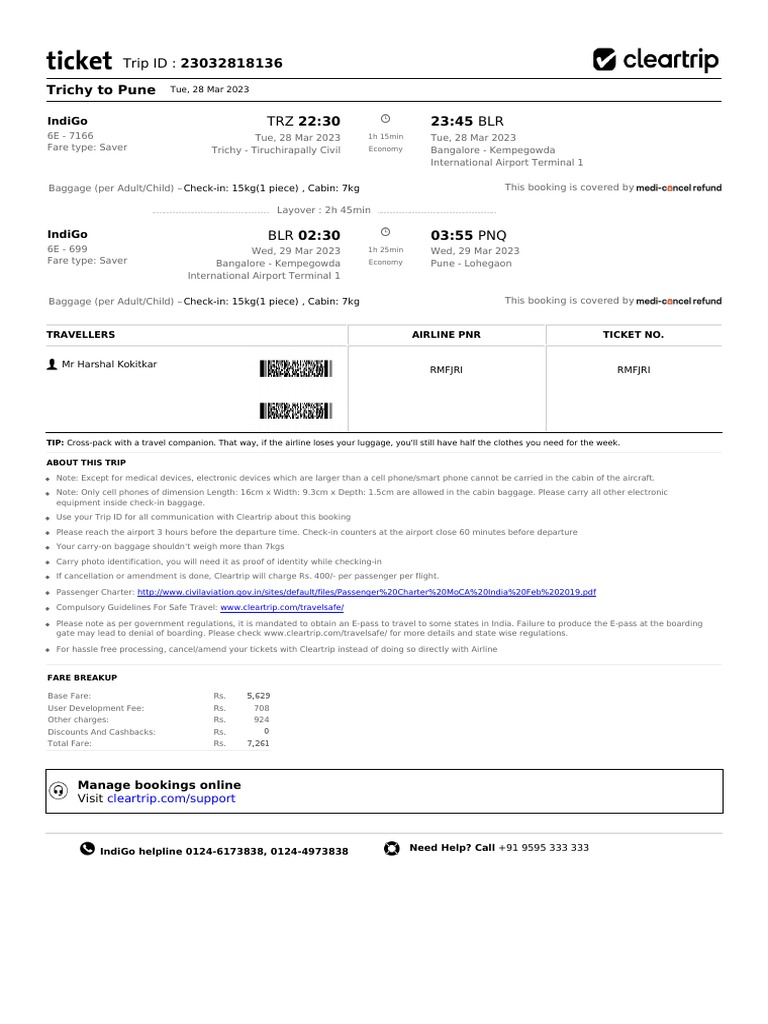 Cleartrip Flight Domestic E-Ticket | PDF | Baggage | Aviation