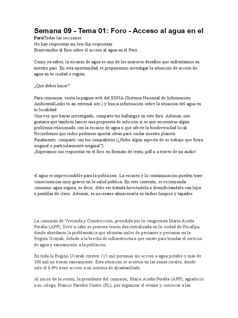 Foro Semana 09 Escases Del Agua | PDF | Alcantarillado | Agua