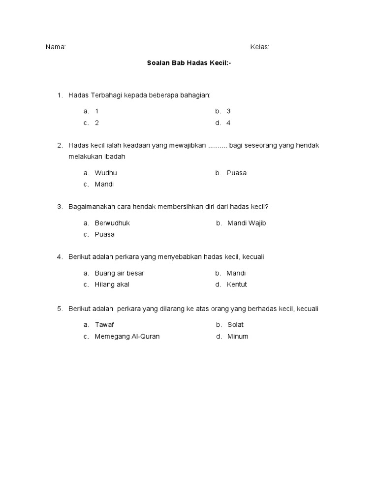 Soalan Fiqih Hadas dan Najis Kelas 2 | PDF | Pengembangan Diri
