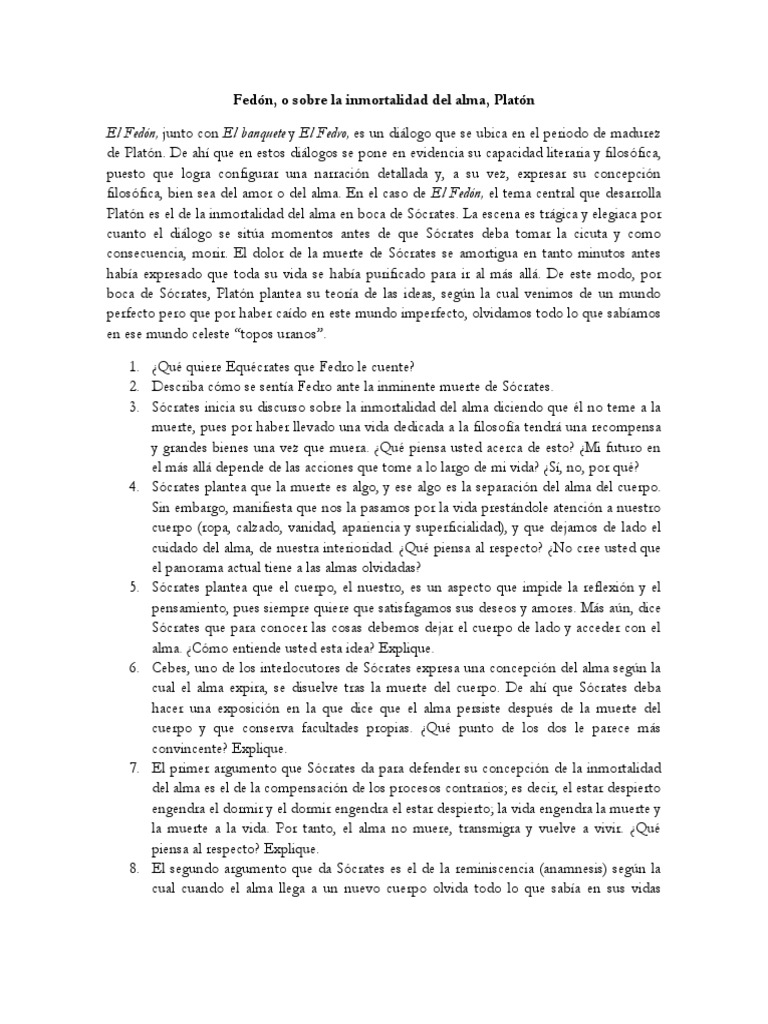 Taller Fedón, o de La Inmortalidad Del Alma, Platón | PDF | Platón ... Taller Fedón, o de La Inmortalidad Del Alma, Platón | PDF | Platón ...