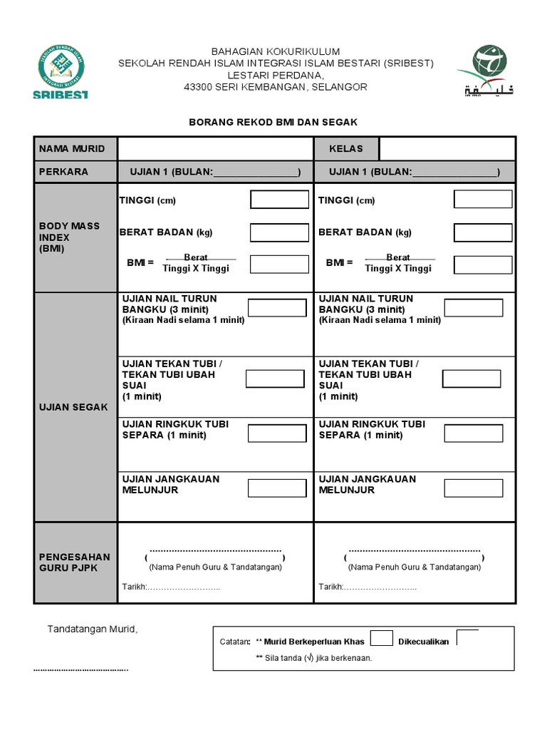 Borang Rekod Bmi Dan Segak | PDF