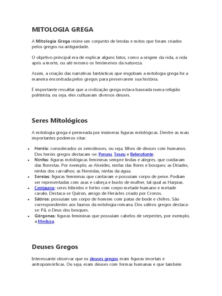 Resumo Sobre MITOLOGIA GREGA | PDF | Mitologia grega | Os Doze Olimpianos