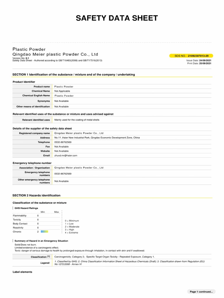 MSDS Plastic Powder (Jade Black Powder Paint) | PDF
