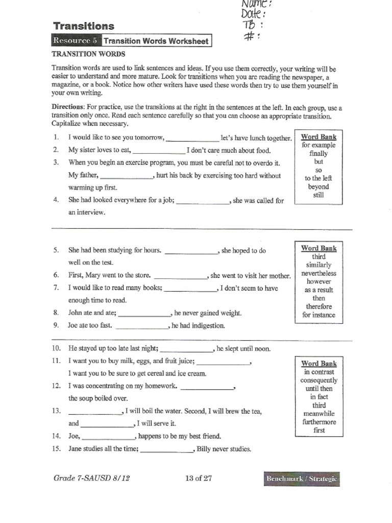 Transition Words Practice | PDF
