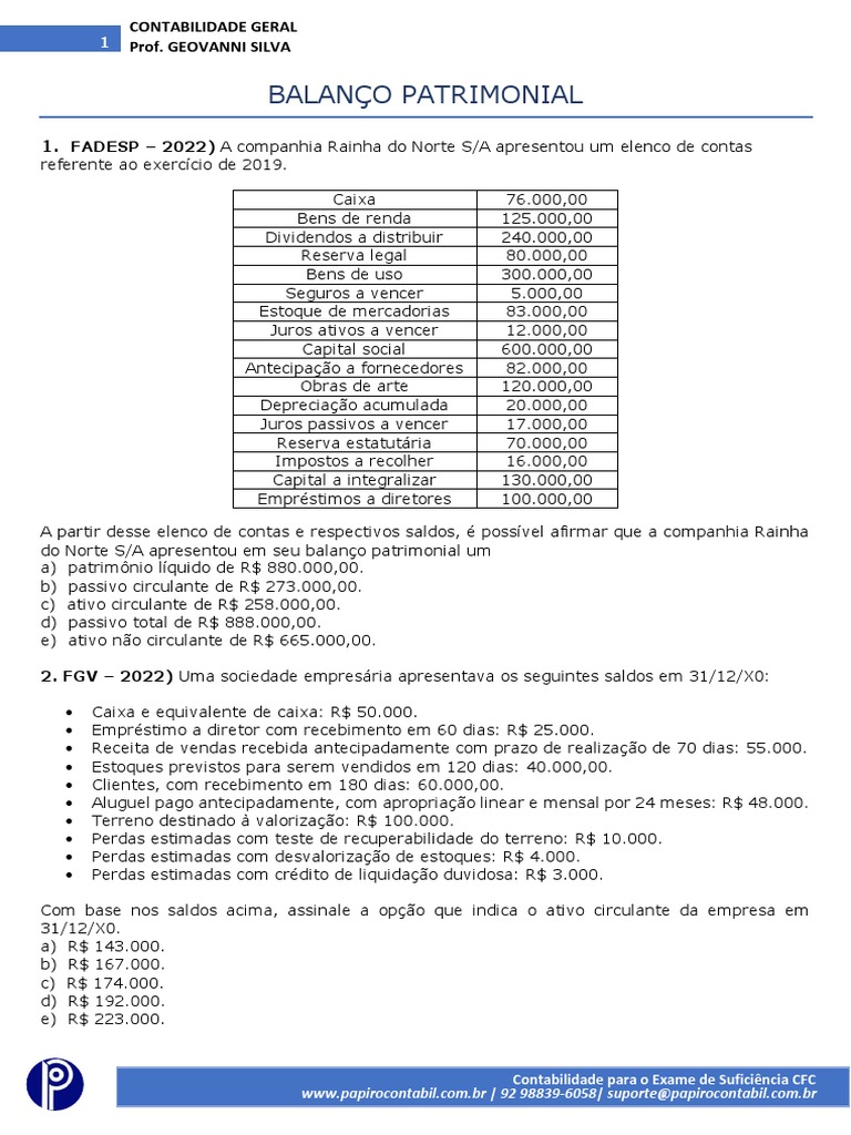 Classificação de Contas no Balanço Patrimonial | PDF | Contabilidade ...
