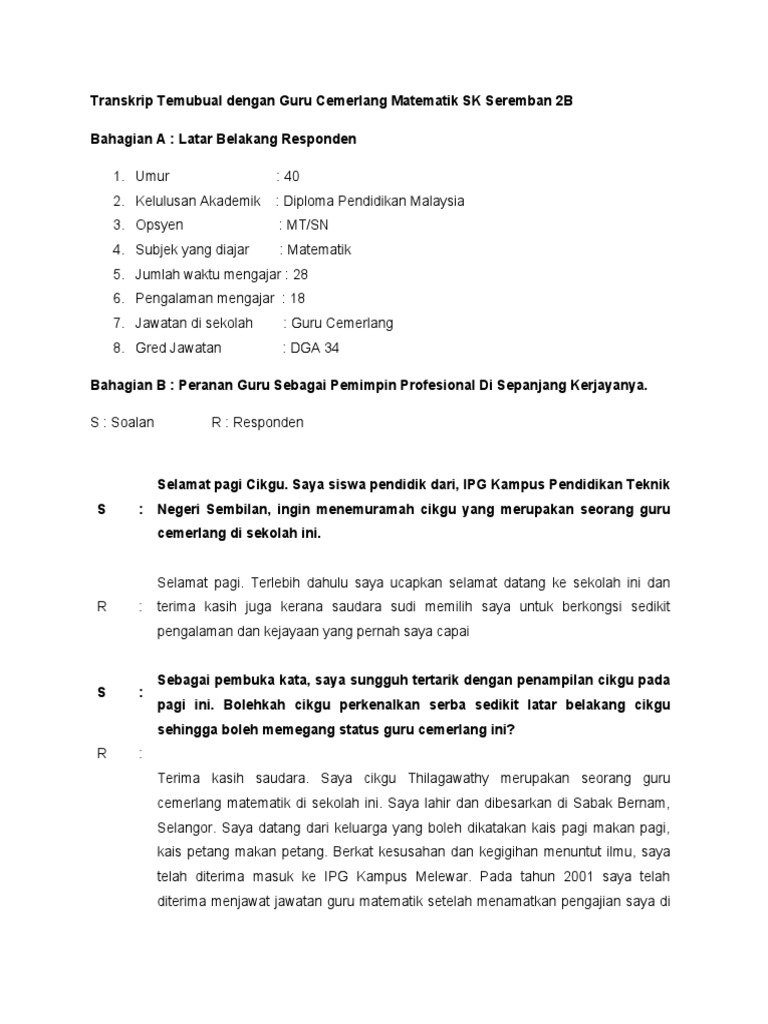 Transkrip Temubual Dengan Guru Cemerlang Matematik SK Seremban 2B | PDF