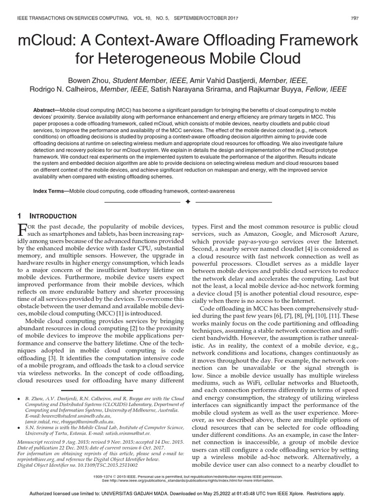 Mcloud A Context-Aware Offloading Framework For Heterogeneous Mobile Cloud | PDF | Cloud ...