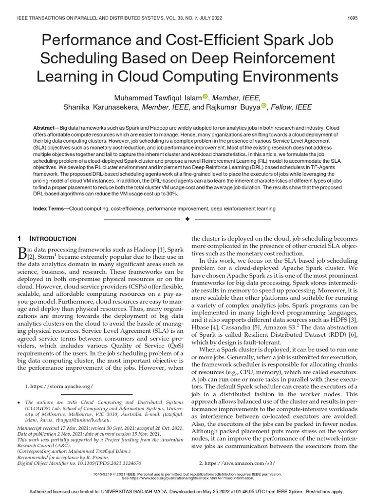Performance And Cost Efficient Spark Job Scheduling Based On Deep Reinforcement Learning In