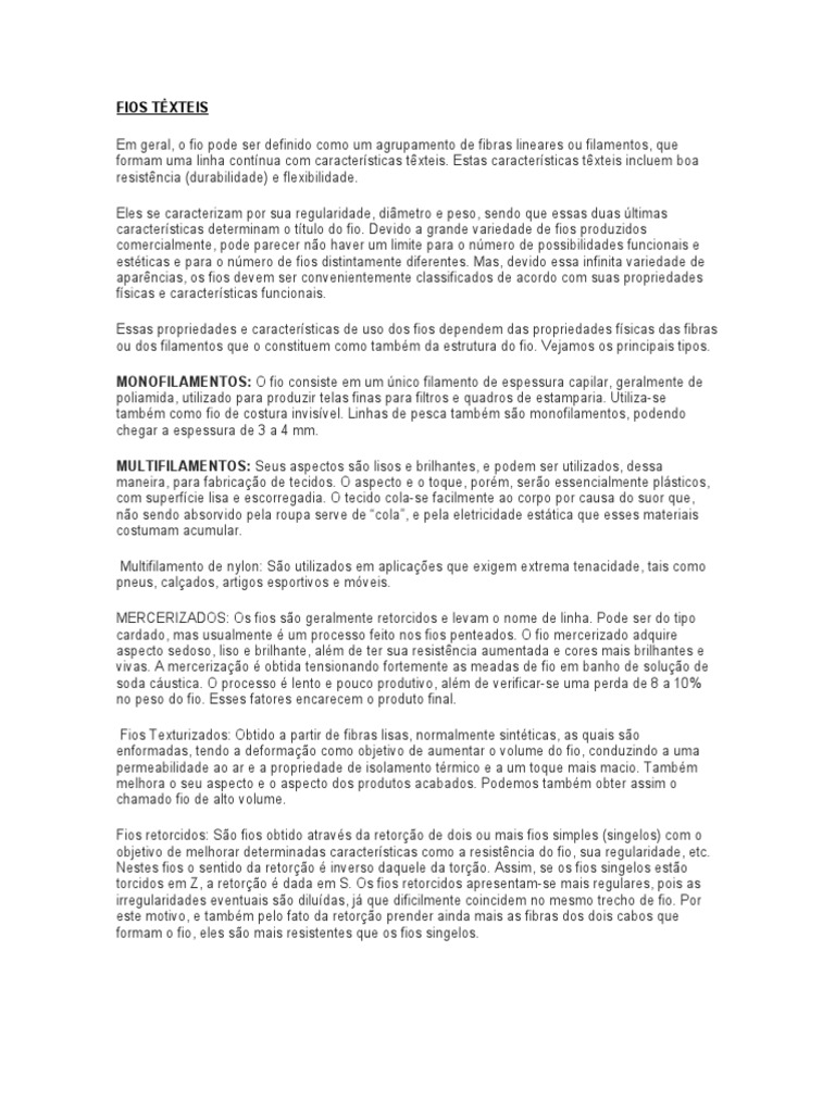 FIOS TÊXTEIS | PDF | Materiais | Têxteis