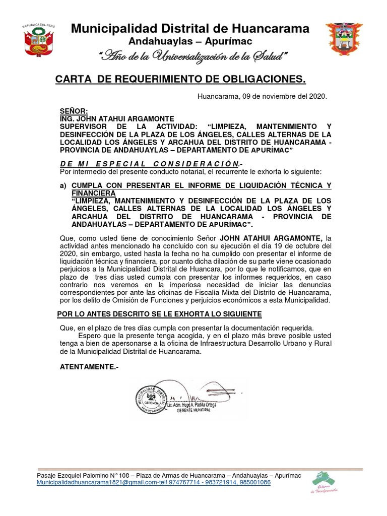 Carta de Requerimiento de Obligaciones - John Atahui | PDF