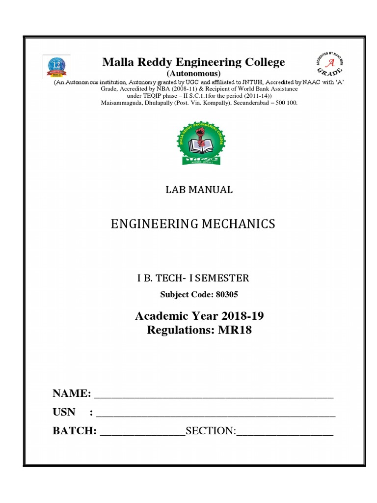 Engineering Mechanics Lab Manual | PDF | Bending | Beam (Structure)