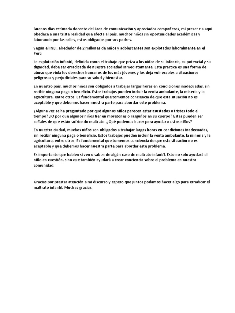 Discurso Maltrato Infantil | PDF | Abuso infantil | Trabajo infantil