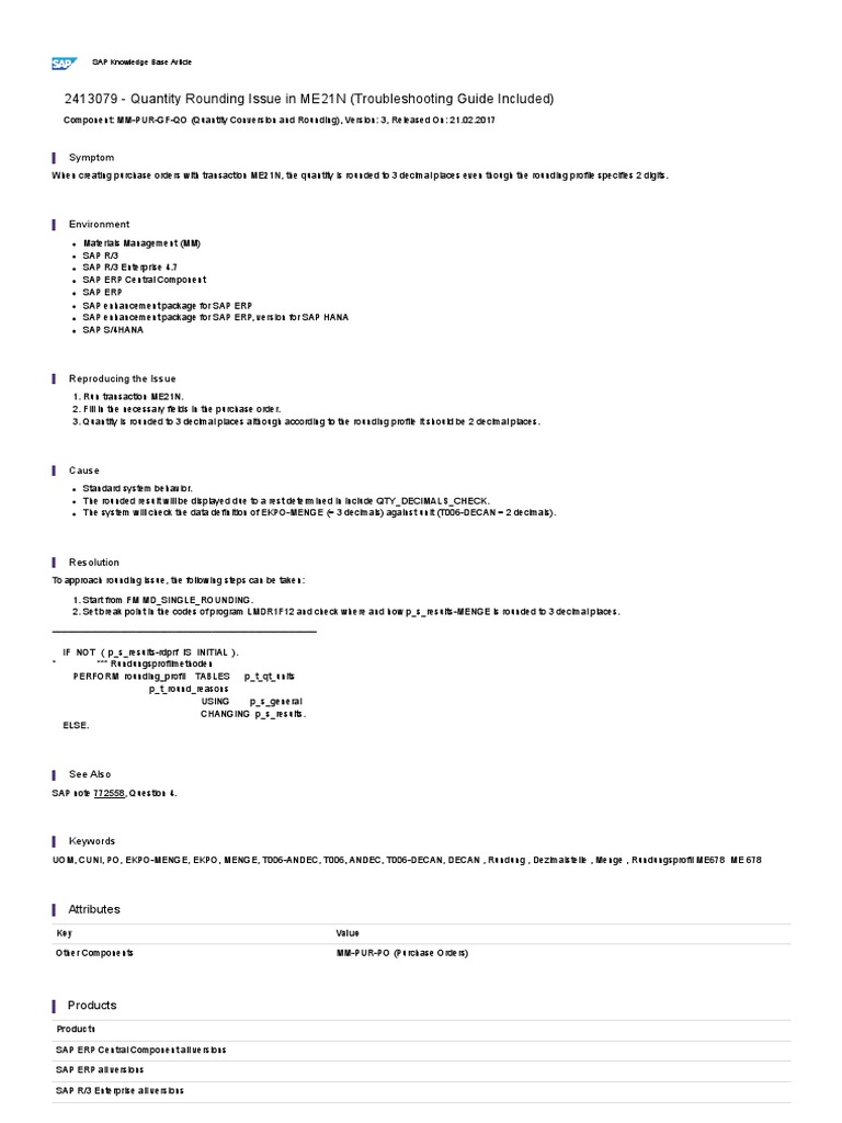 Quantity Rounding Issue in ME21N (Troubleshooting Guide Included) | PDF ...