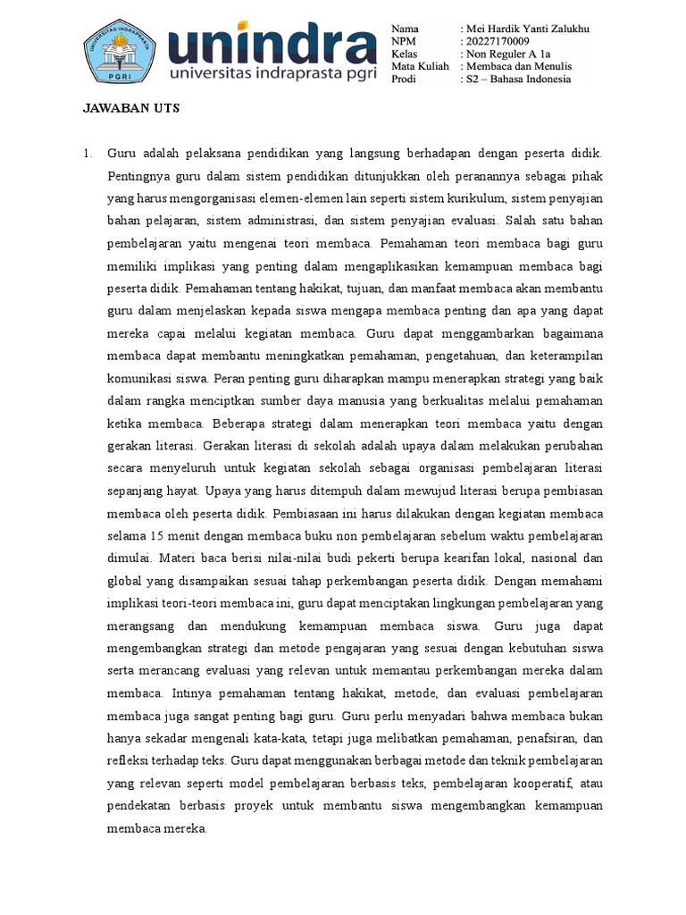 UTS - Membaca Dan Menulis - Unindra | PDF