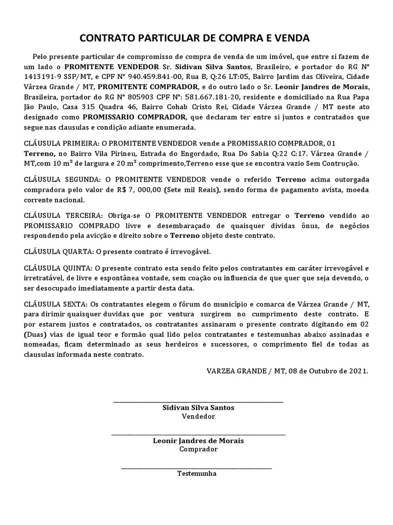 CONTRATO PARTICULAR DE COMPRA E VENDA de Terreno | PDF