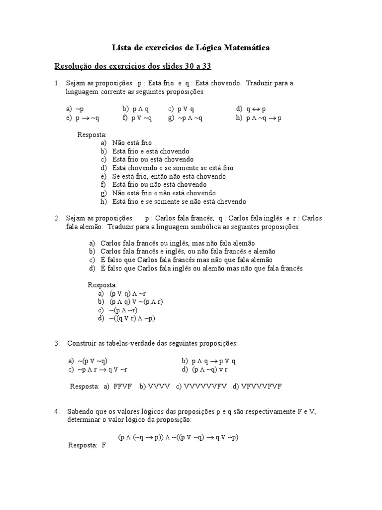 Exercícios de Lógica Matemática Resolvidos | PDF | Métodos e Materiais ...