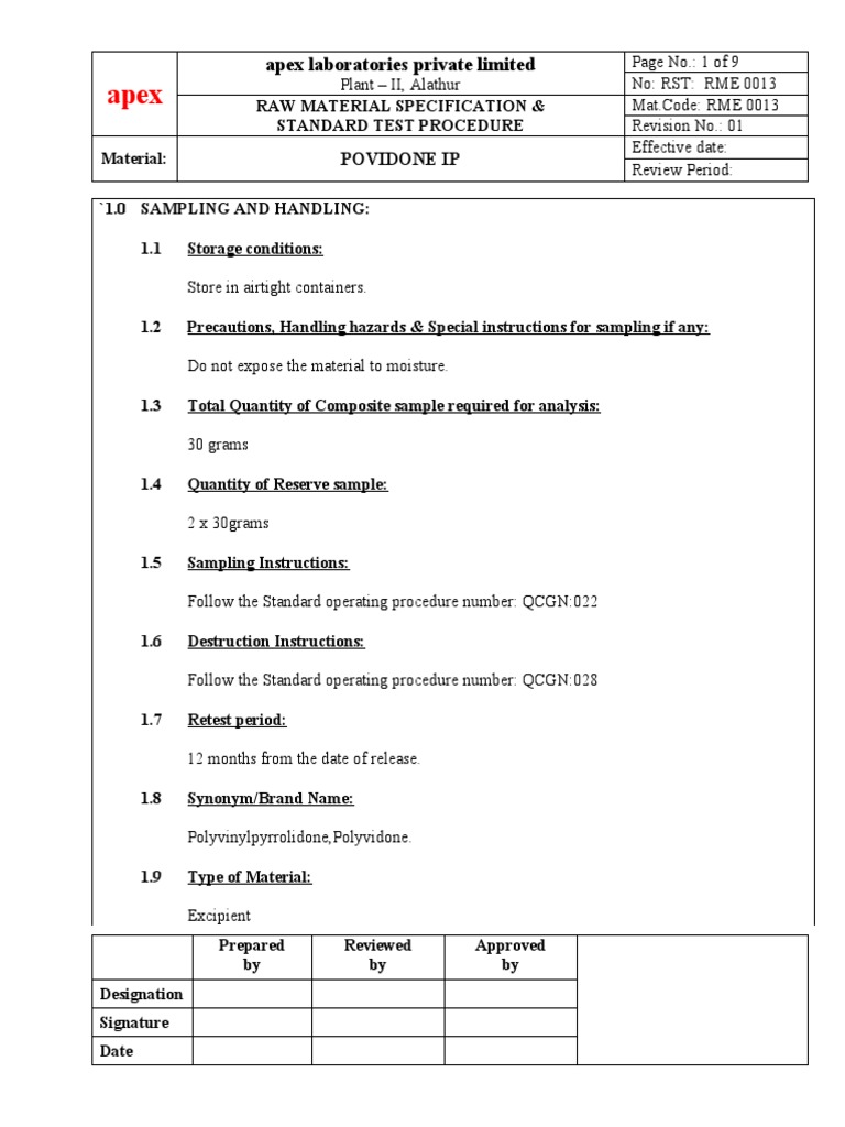 Povidone IP Specification | PDF | Titration | Chemistry