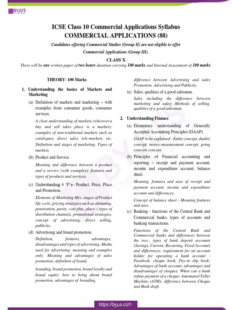 Class 10 Commercial Applications Syllabus | PDF | Banks | Sales