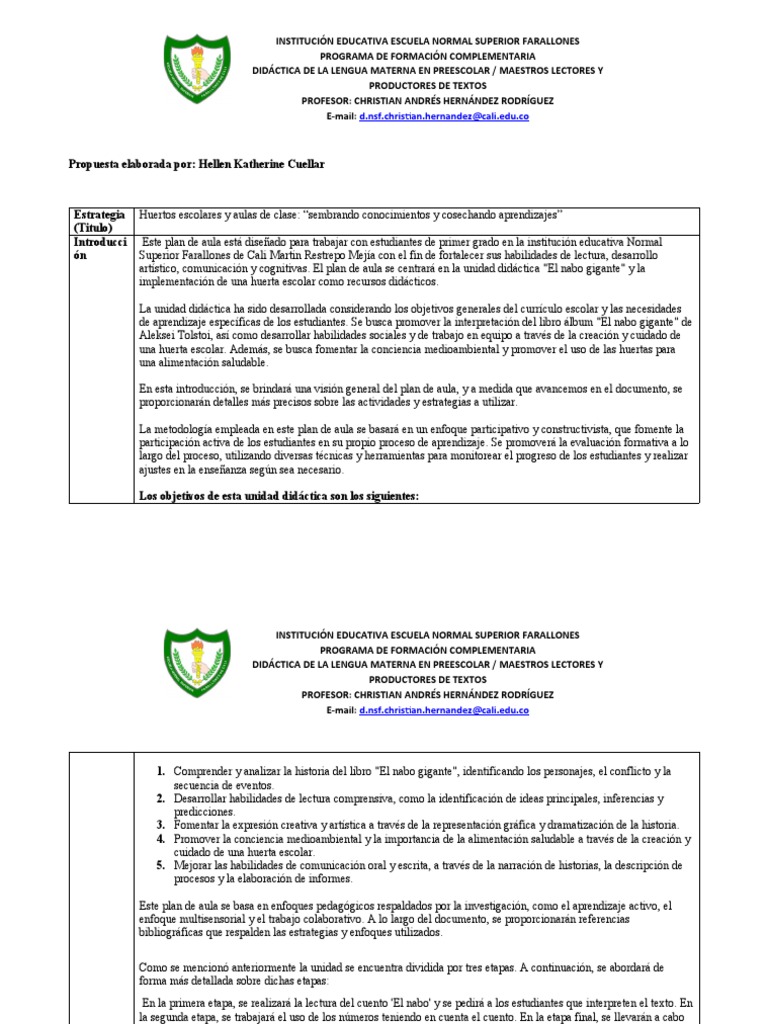 Unidad Didactica - PFC.Normal Farallones | PDF | Educación de la primera infancia | Plan de estudios