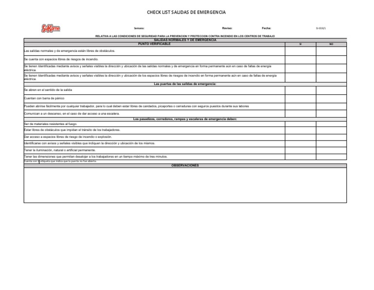 SI-019 Check List Salidas de Emergencia | PDF