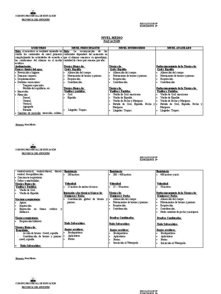 Natación Escolar: Niveles y Técnicas | PDF | Nadando | Actividades de ocio