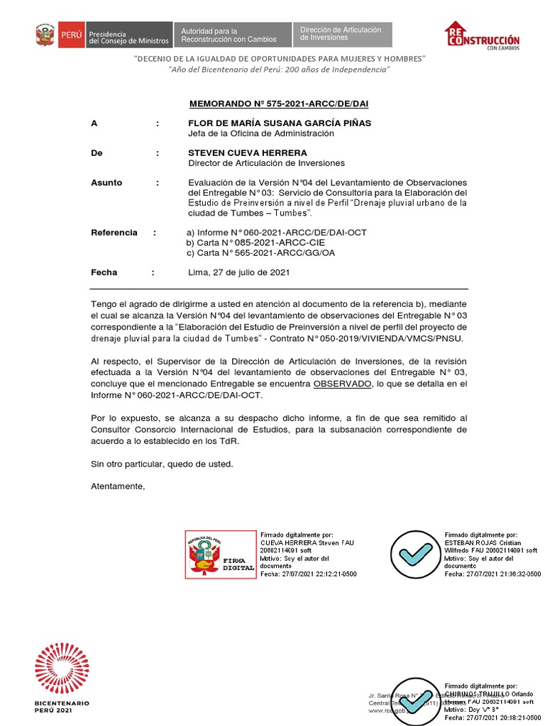 MEMORANDO-00575-2021-ARCC-DE-DAI-ed3 OBSERVACIONES 30.07.2021 | PDF | Perú | Inundar