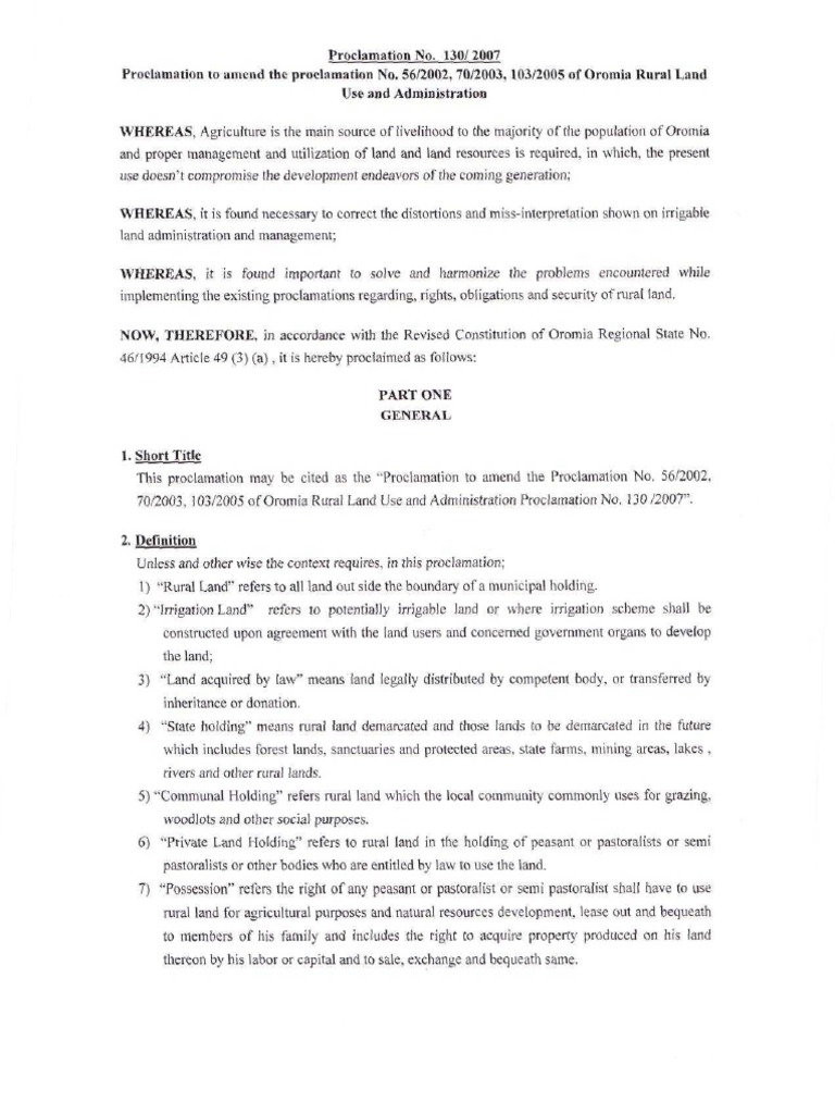 Oromia Rural Land Use Proclamation 2007 | PDF | Pastoralism | Irrigation