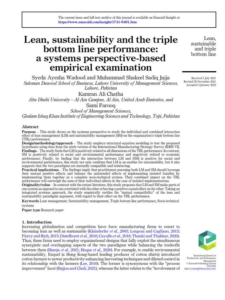 Lean, Sustainability and The Triple Bottom Line Performance - A Systems Perspective-Based ...