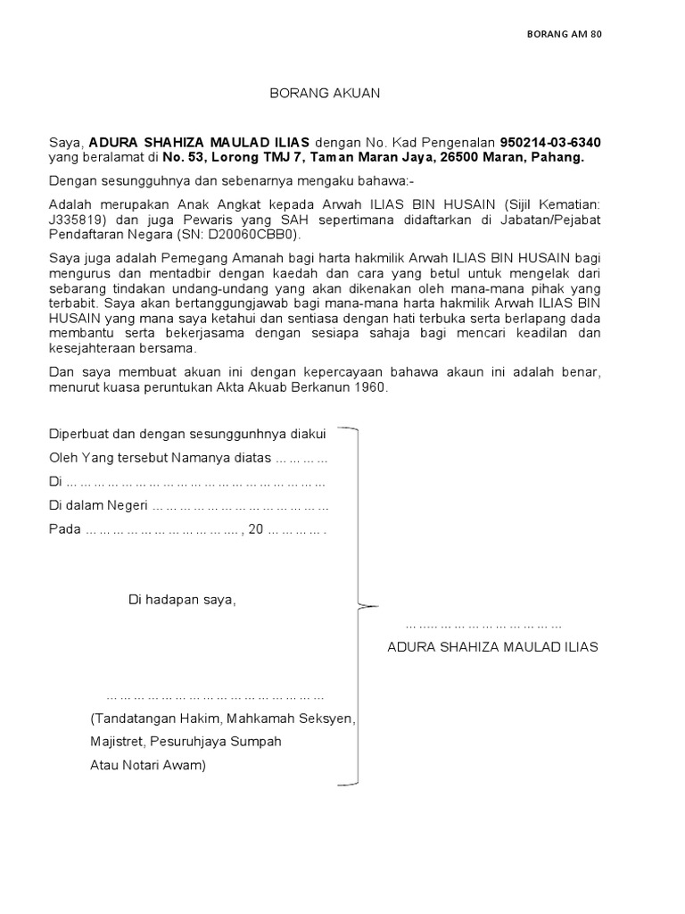 Borang Akuan Sumpah Am 80 | PDF