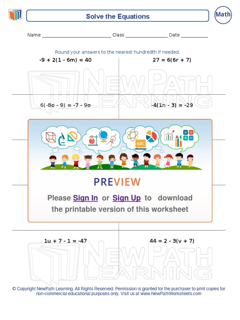 Worksheet Math Grade 8 Linear Equations 3 | PDF