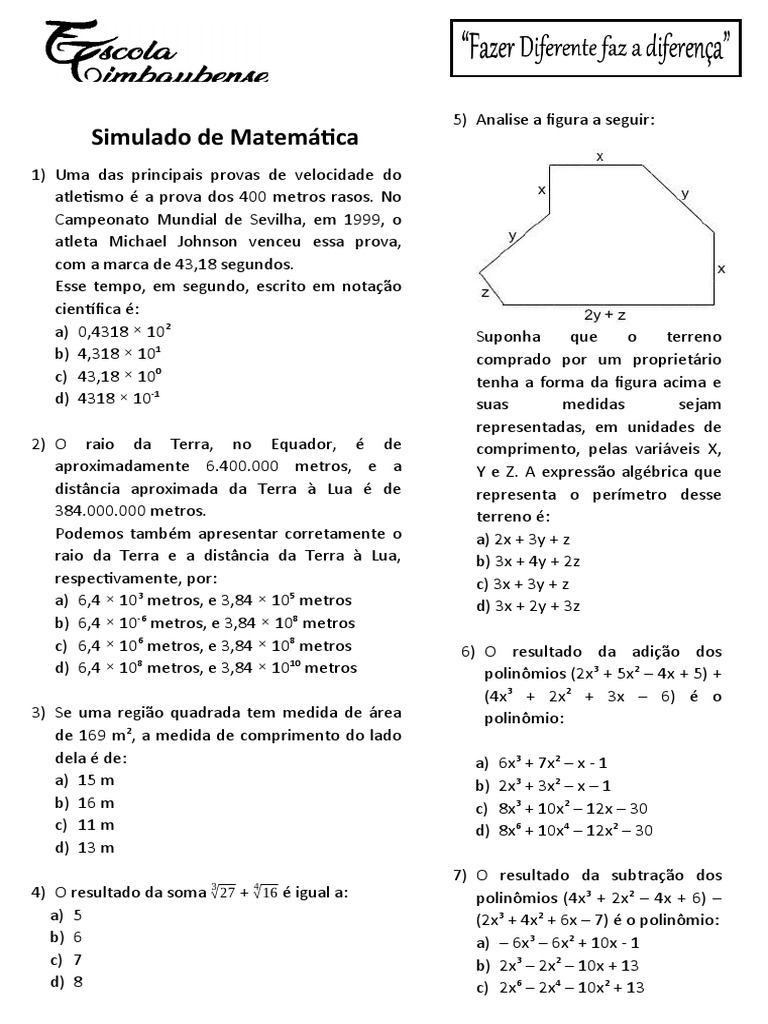 Simulado de Matemática - 8º Anos | PDF | Matemática