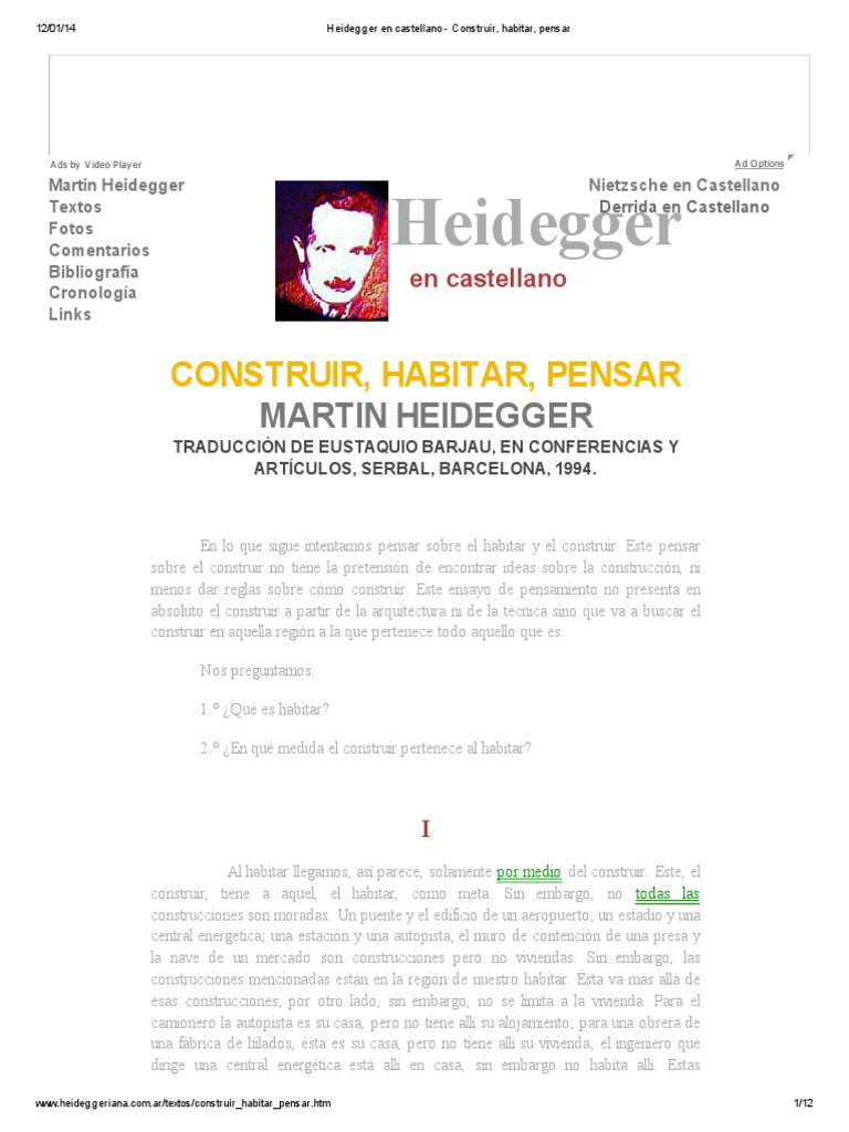 HEIDEGGER, Martin Construir, Habitar, Pensar | PDF | Esencia | Martin ...