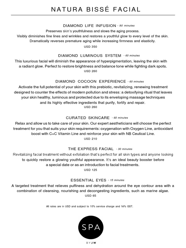 Natura Bissé Facial Treatment Menu | PDF | Integumentary System | Skin