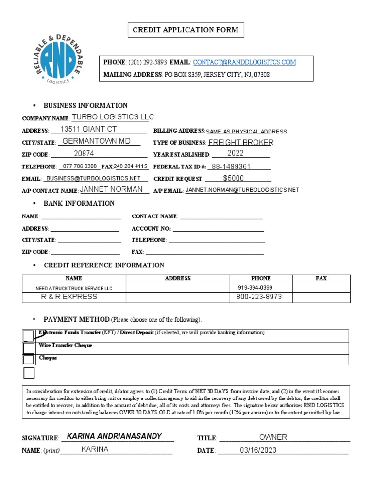 RND CREDIT APPLICATION FORM Fillable (2) | PDF | Credit Card | Cheque