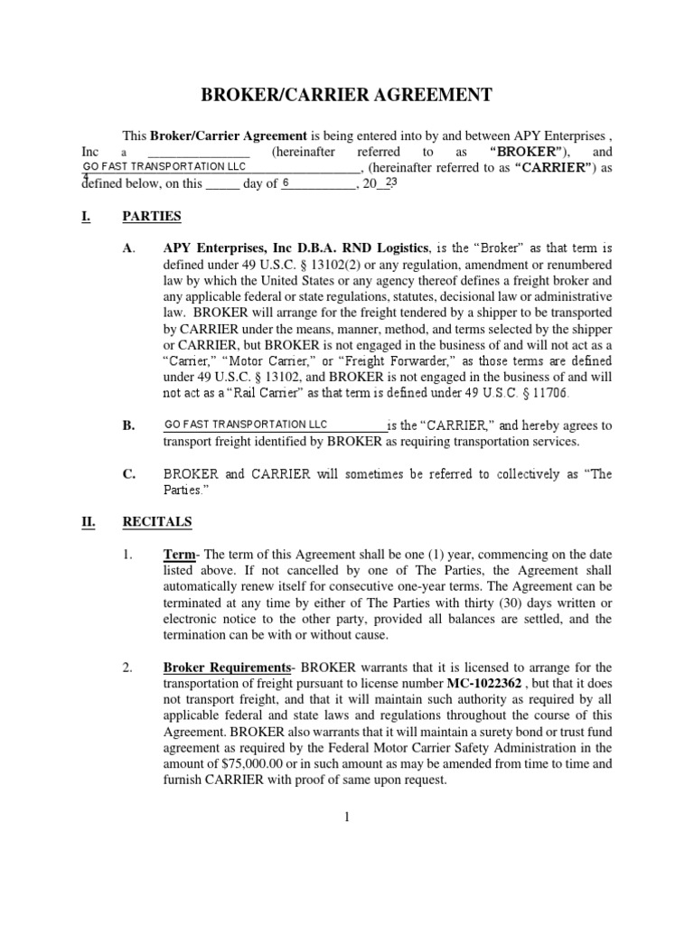 Broker Carrier Agreement - UTD2020 | PDF | Cargo | Indemnity