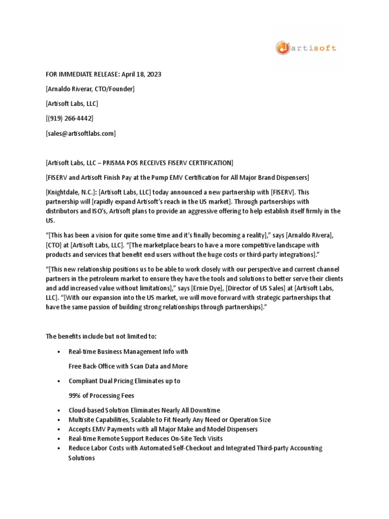 Artisoft Press Release | PDF | Point Of Sale | Service Industries