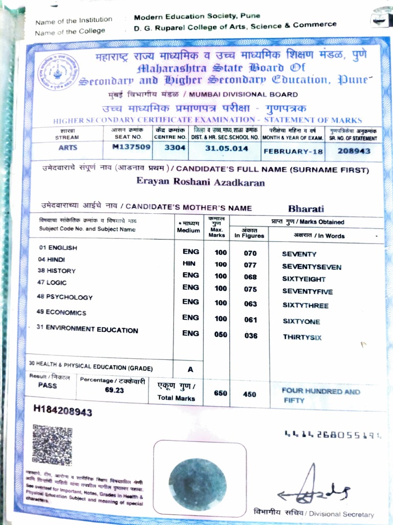 12th Marksheet | PDF | Educational Assessment And Evaluation ...