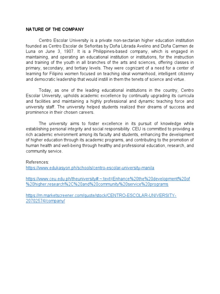 CEU Nature of The Company | PDF | Social Science | Wellness