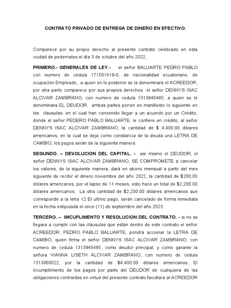 Contrato Privado de Entrega de Dinero | Descargar gratis PDF | Business | Economias