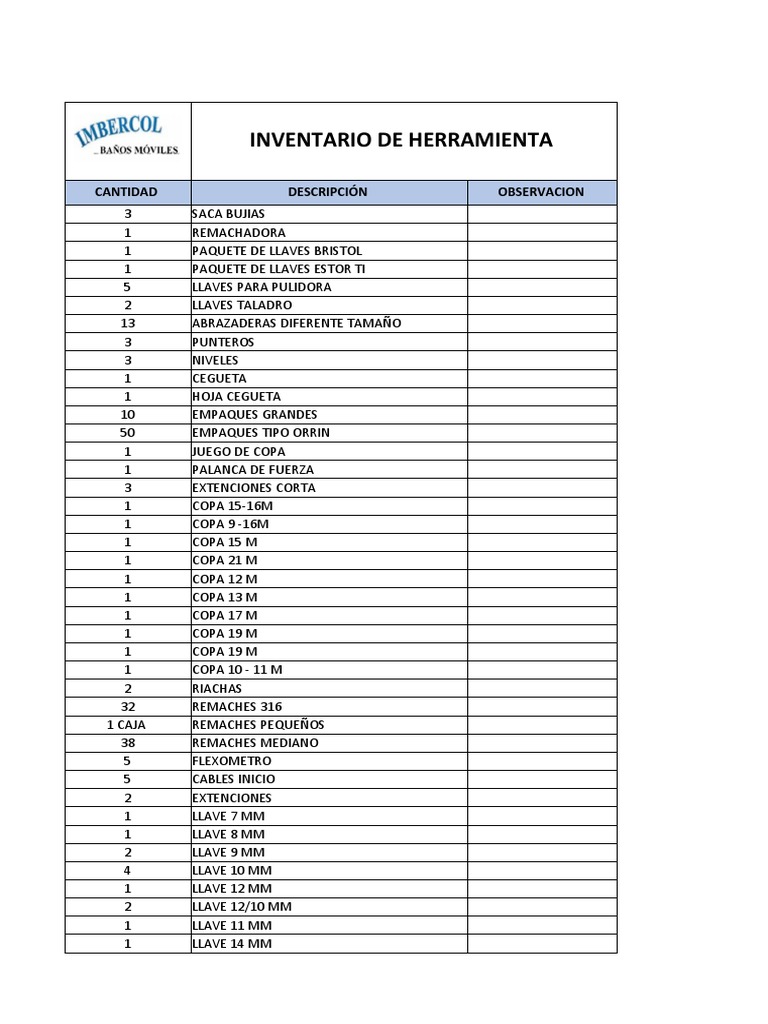 Inventario de Herramienta | PDF | Perforar | Herramientas