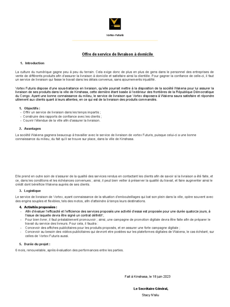 Offre de service de livraison à domicile | PDF | Économie | Business