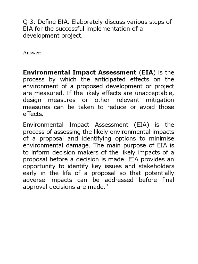 Q-3 Define EIA. Elaborately Discuss Various Steps of EIA For The ...