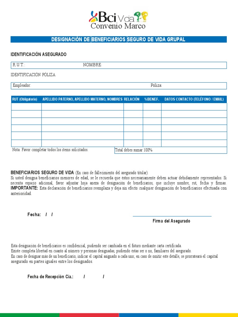 Formulario DesignacionBeneficiario BCI | PDF