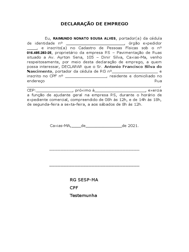 Declaração de Emprego | PDF