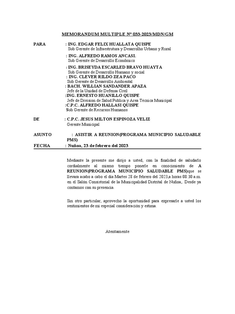 Memorandum Multiple #033-2023/Mdn/Gm: Atentamente | PDF