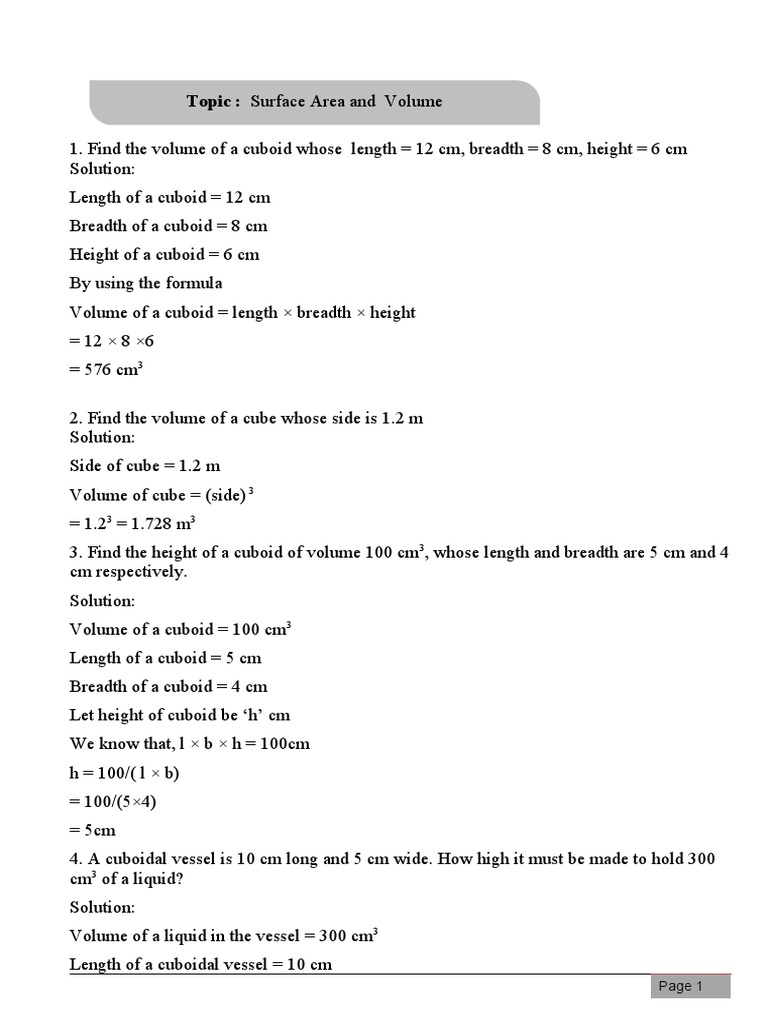 Answersheet SURFACE AREA AND VOLUME-1 | PDF | Volume | Area