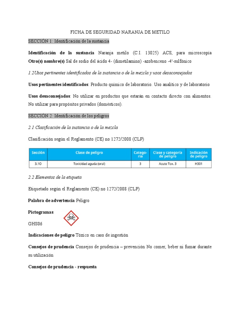 Ficha Seguridad Naranja Metilo | PDF | Agua | Dióxido de carbono